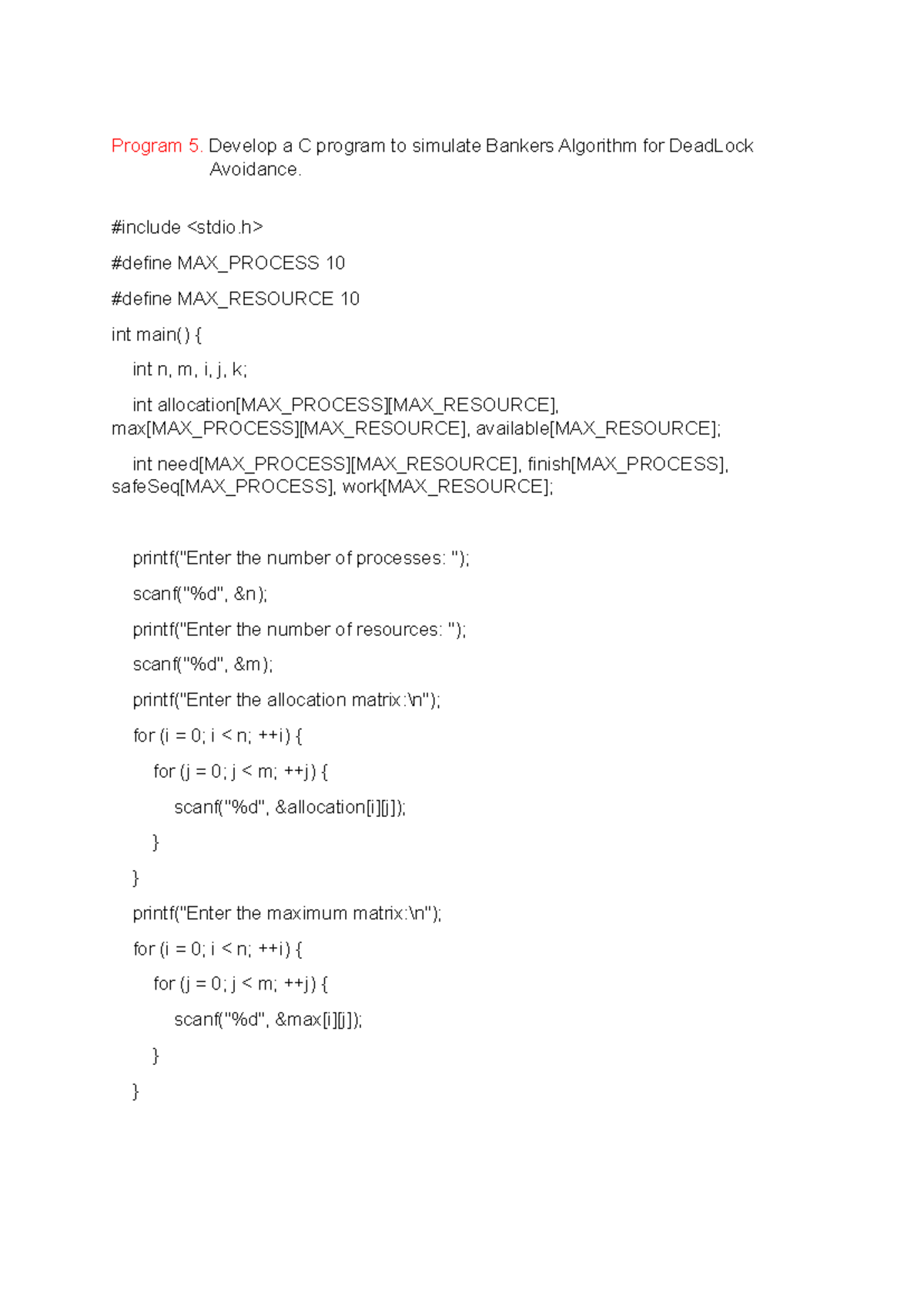Bankers algorithm 1 - Good documents - Program 5. Develop a C program ...