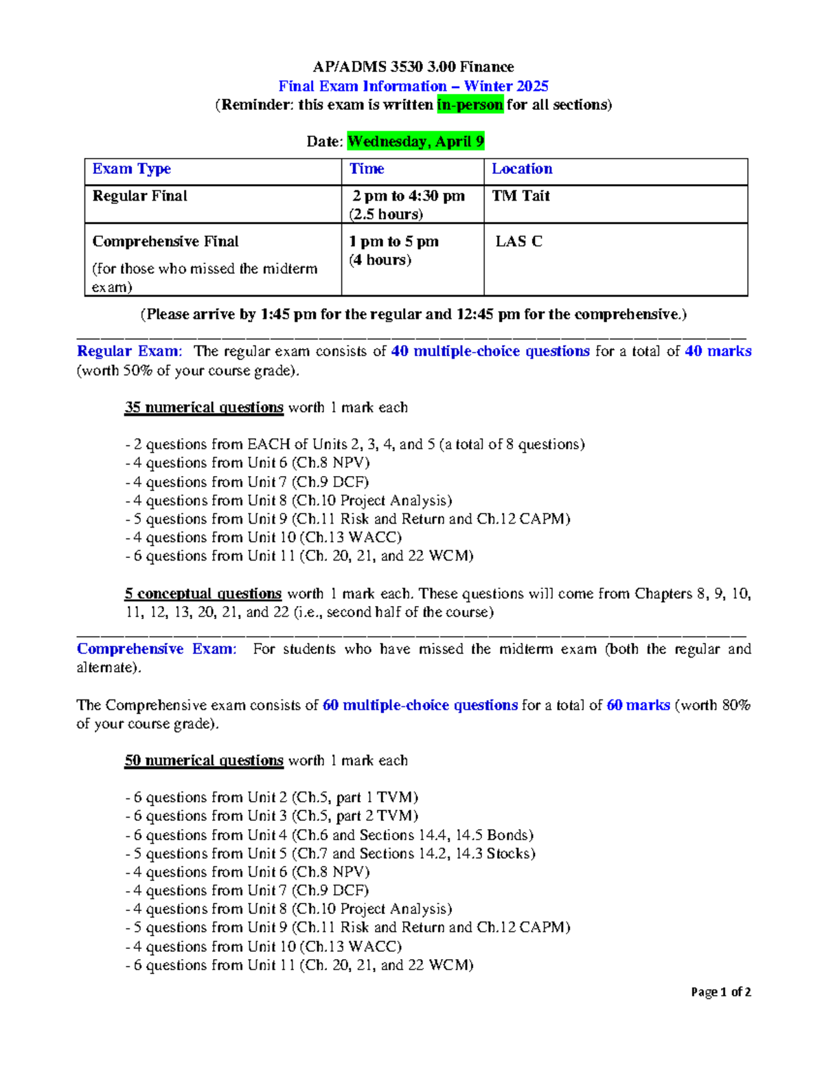 ADMS 3530 Finance Final Exam Info Sheet Winter 2025 (All Sections ...