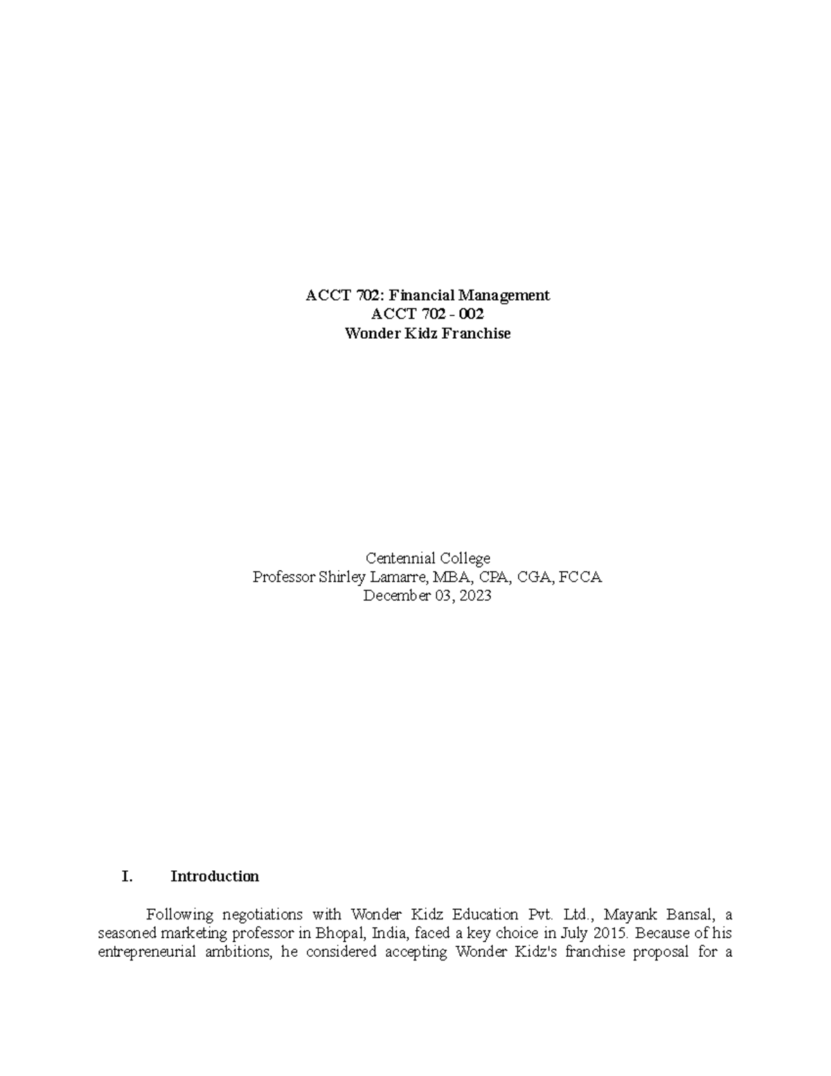 Final Exam - Group Case Study on Financial Viability of Wonder Kidz ...