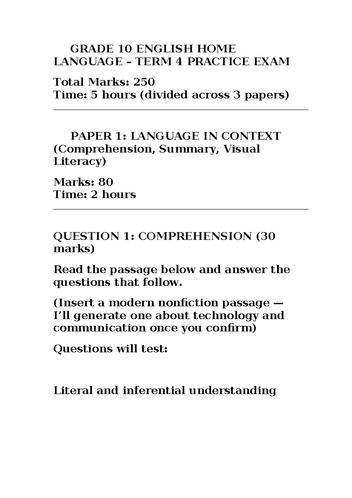 GRADE 10 ENGLISH HL TERM 4 PRACTICE EXAM - 250 MARKS - Studocu