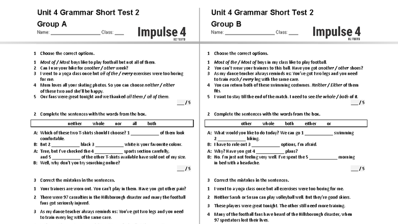 Unit 4 Grammar Short Test 2: Group A & B Review - Studocu