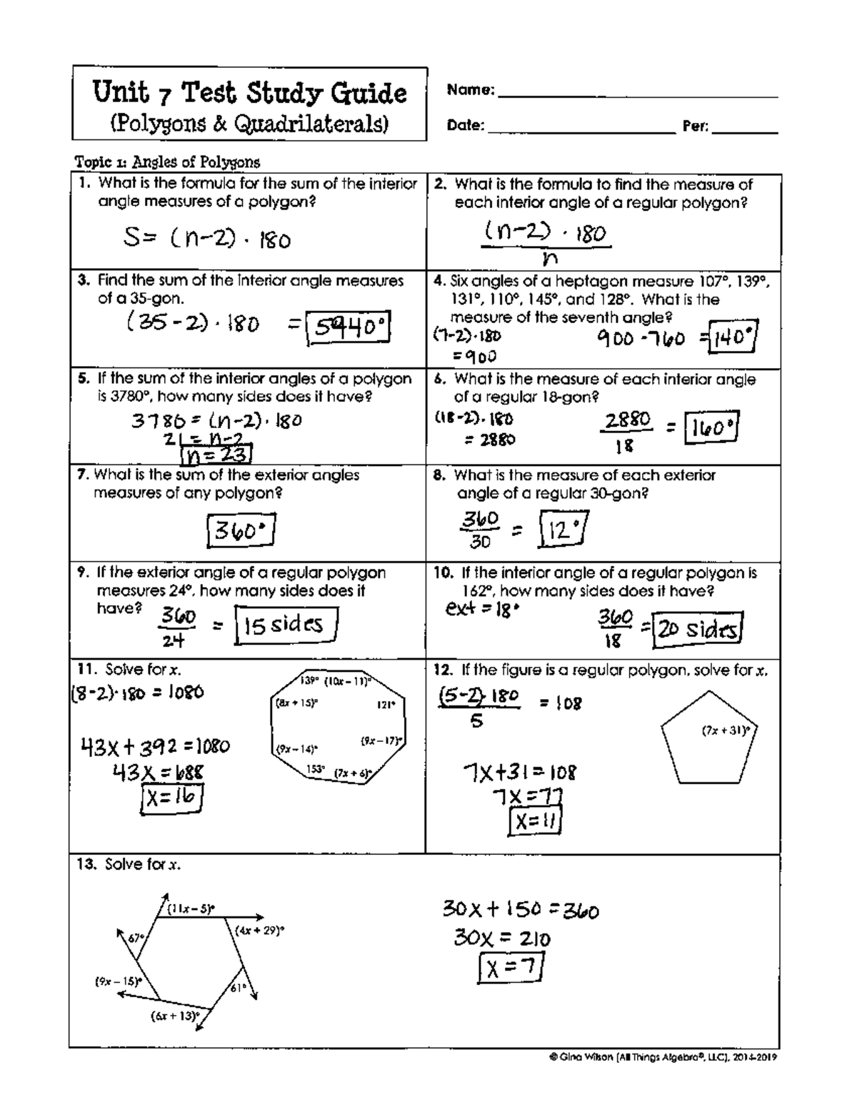 Unit 7 - Polygons & Quadrilaterals - Comprehensive Test Study Guide ...