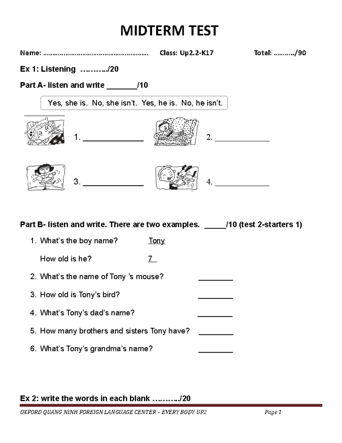 MIDTERM TEST (Unit 1-2) - Everybody Up 2 for Class Up2.2-K17 - Studocu