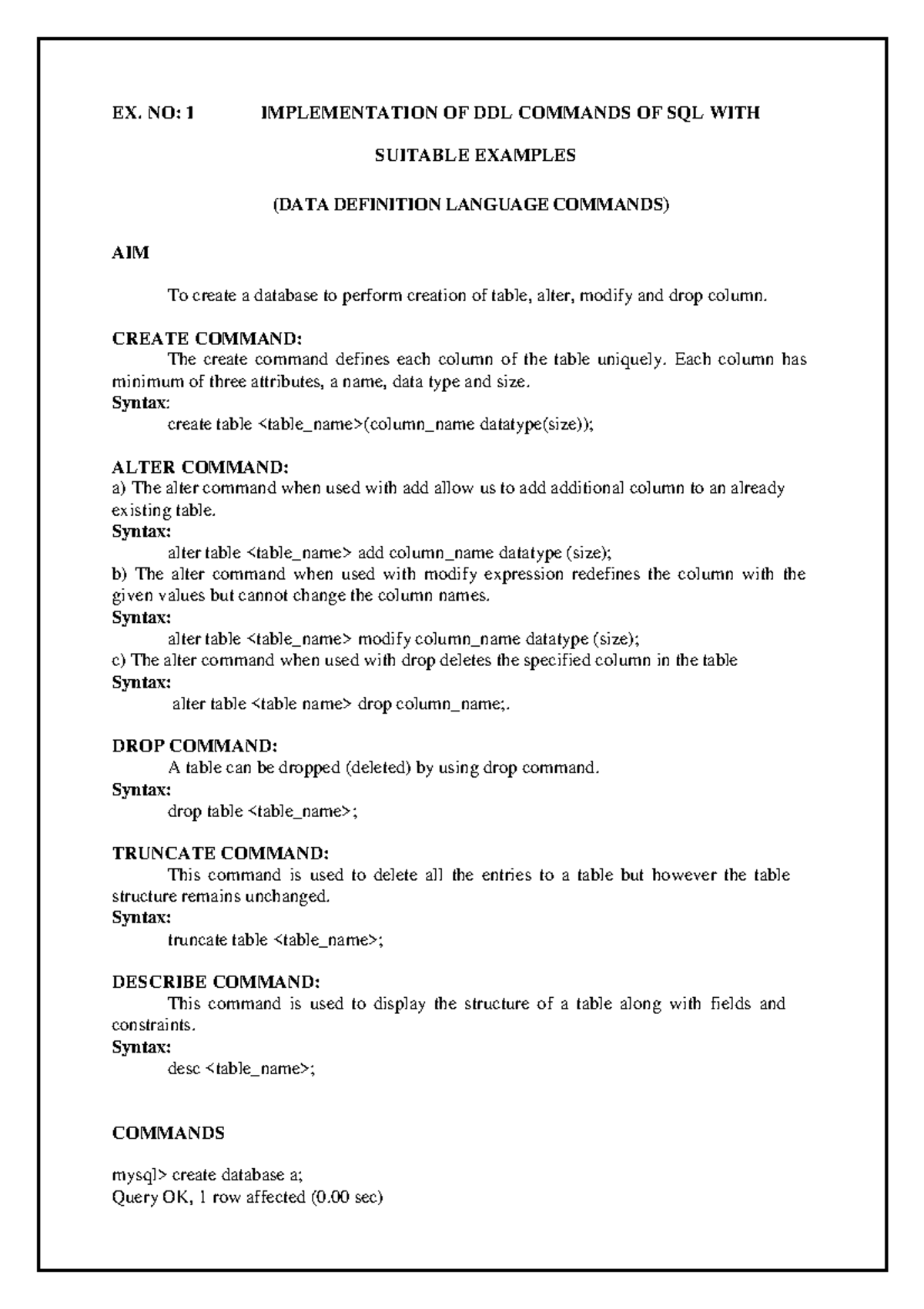 DBMS Lab Manual: SQL DDL, DML, Joins & Subqueries (CS101) - Studocu