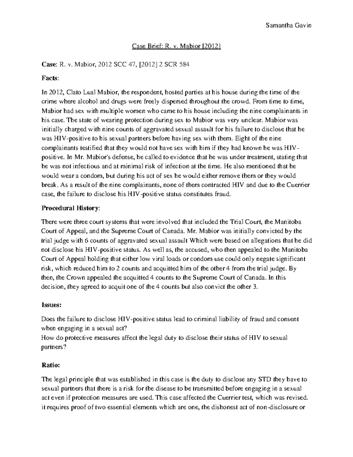 Samantha Gavin Case Brief: R. v. Mabior (2012 SCC 47) Analysis - Studocu