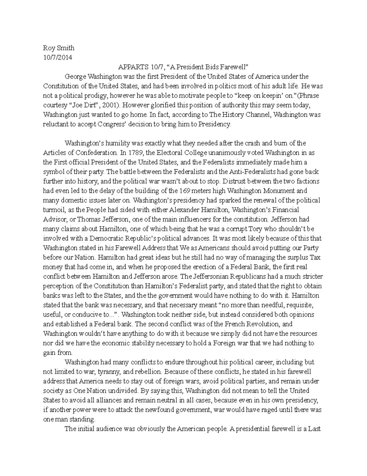 APPARTS 10/7: Analyzing Washington's Farewell Address Significance ...
