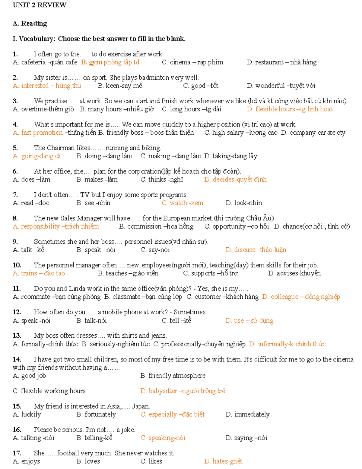 UNIT 2 Review - btvn - UNIT 2 REVIEW A. Reading I. Vocabulary: Choose ...