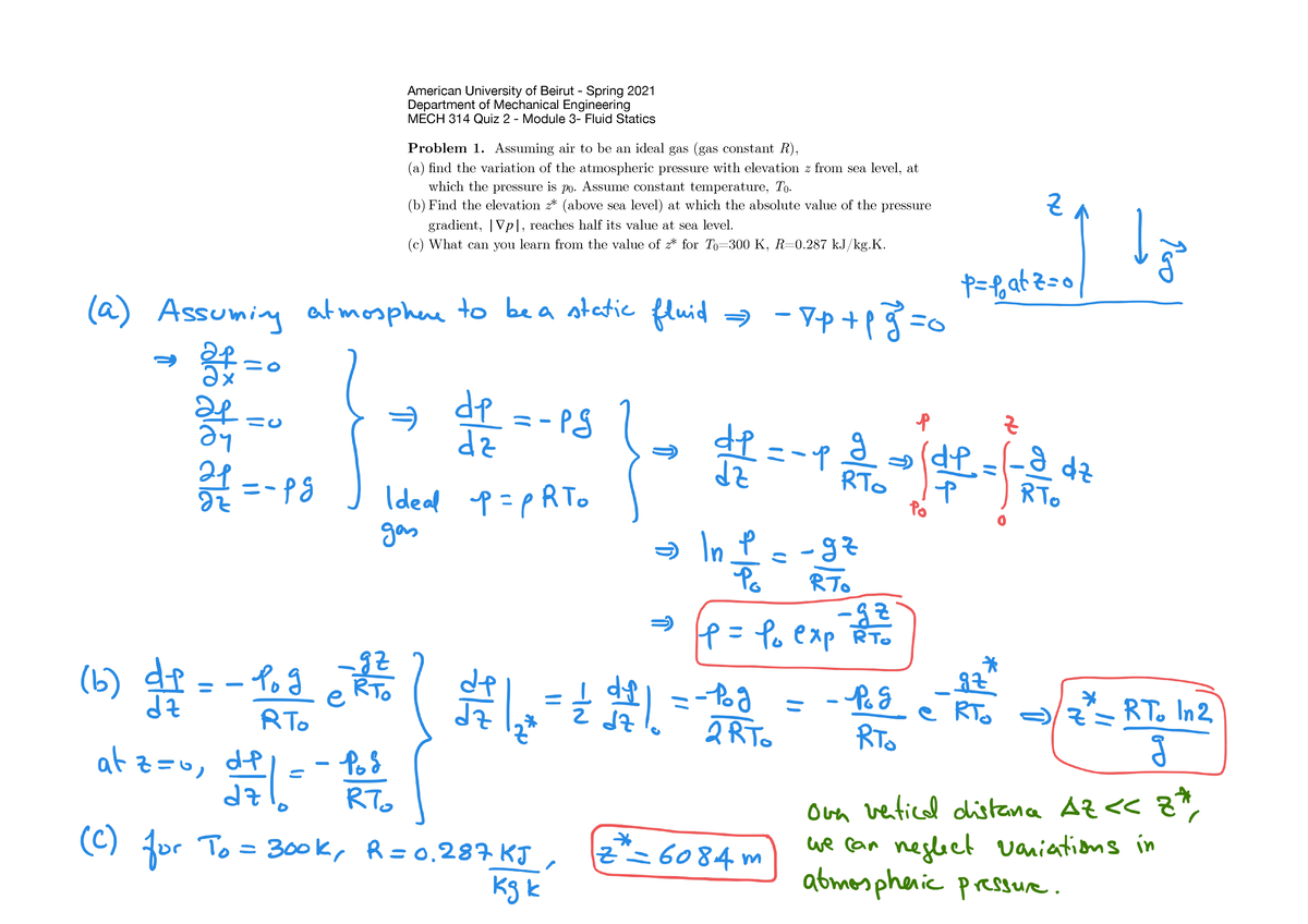 MECH 314 Quiz 2 Solutions - Module 3: Fluid Statics - Spring 2021 - Studocu