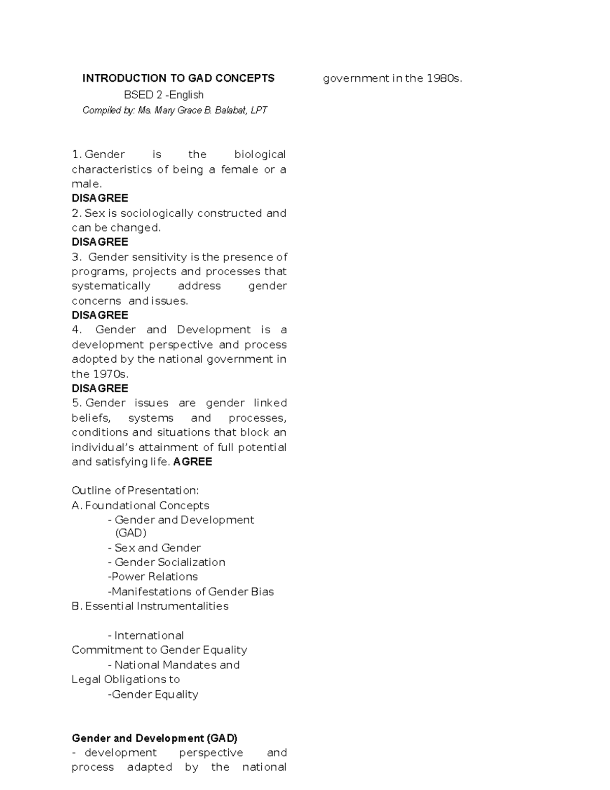 GAD Lesson Notes BSED 2 ENG - Understanding Gender Concepts - Studocu