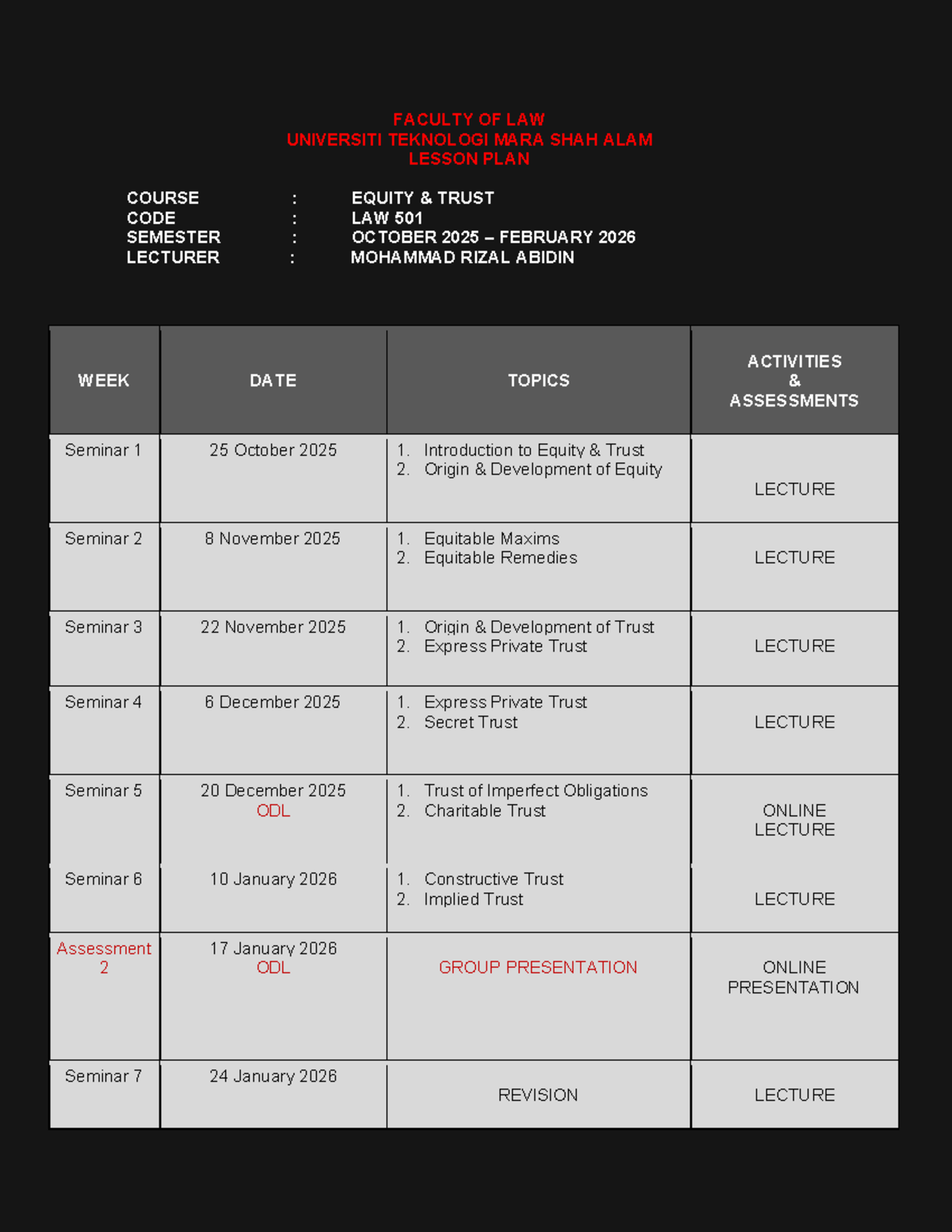 LAW501 Equity Trust Law Lesson Plan (Oct 2025 - Feb 2026) - Studocu
