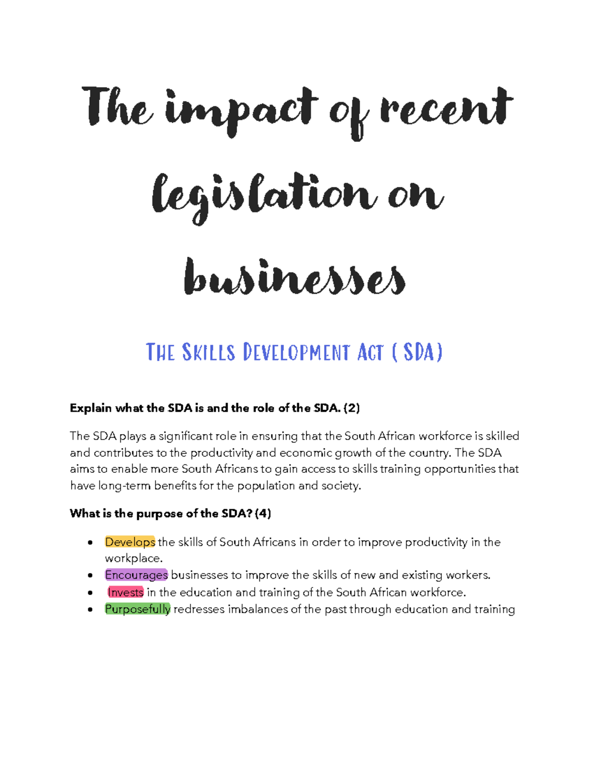 Grade 12 Business Studies: Impact of Legislation on Businesses - Paper ...