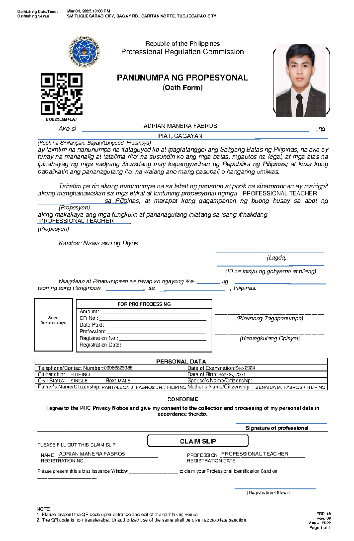 Oathtaking Ceremony for Professional Teacher - PRC Registration ...