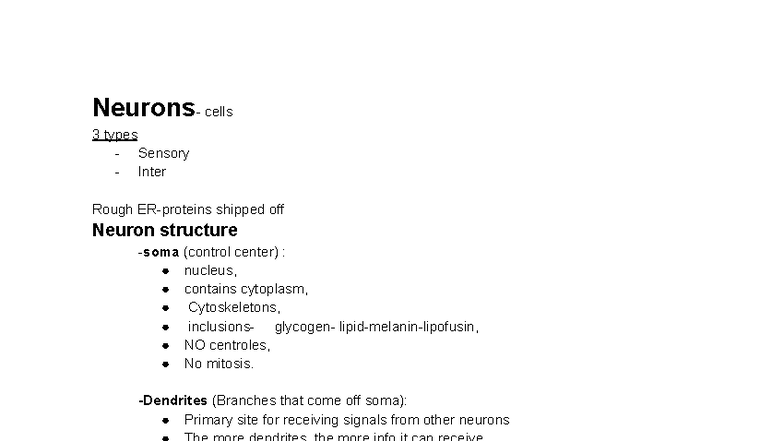Nervous System Lecture Notes: Neuron Types & Functions (BIO 101) - Studocu