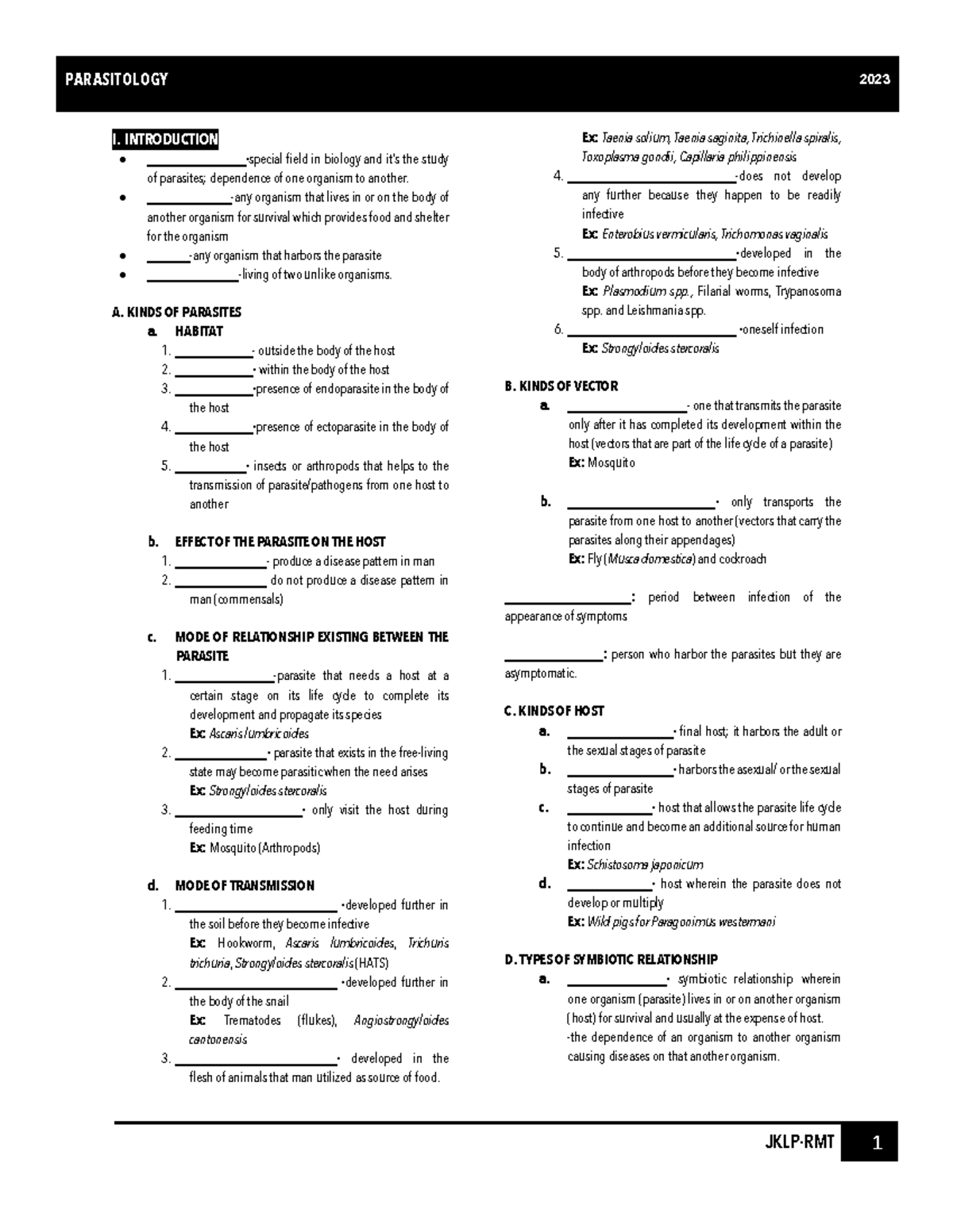 Parasitology Lecture Handouts 2023 (SV) - Studocu