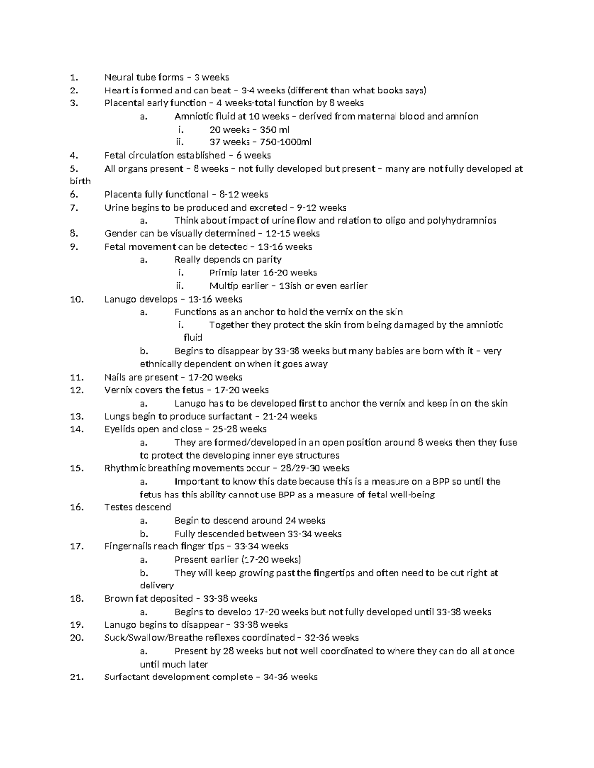 Fetal Development Milestones: Answer Key for Activity - Studocu