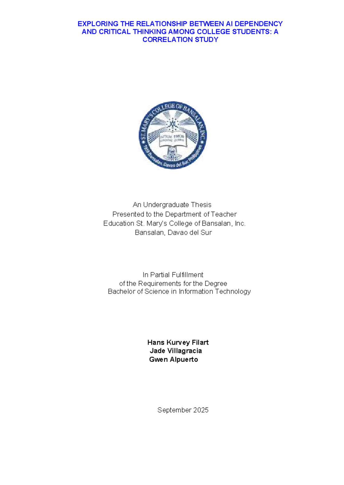 AI Dependency and Critical Thinking: A Correlation Study in BSIT ...