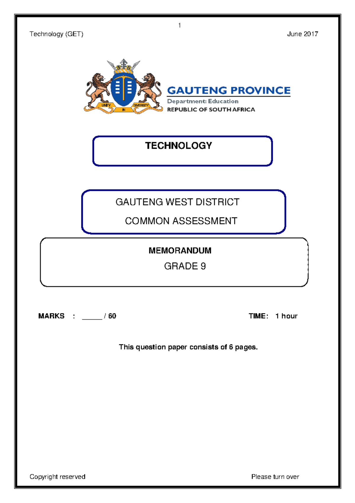 Grade 9 Technology (GET) June 2017 Common Assessment Memo - Studocu