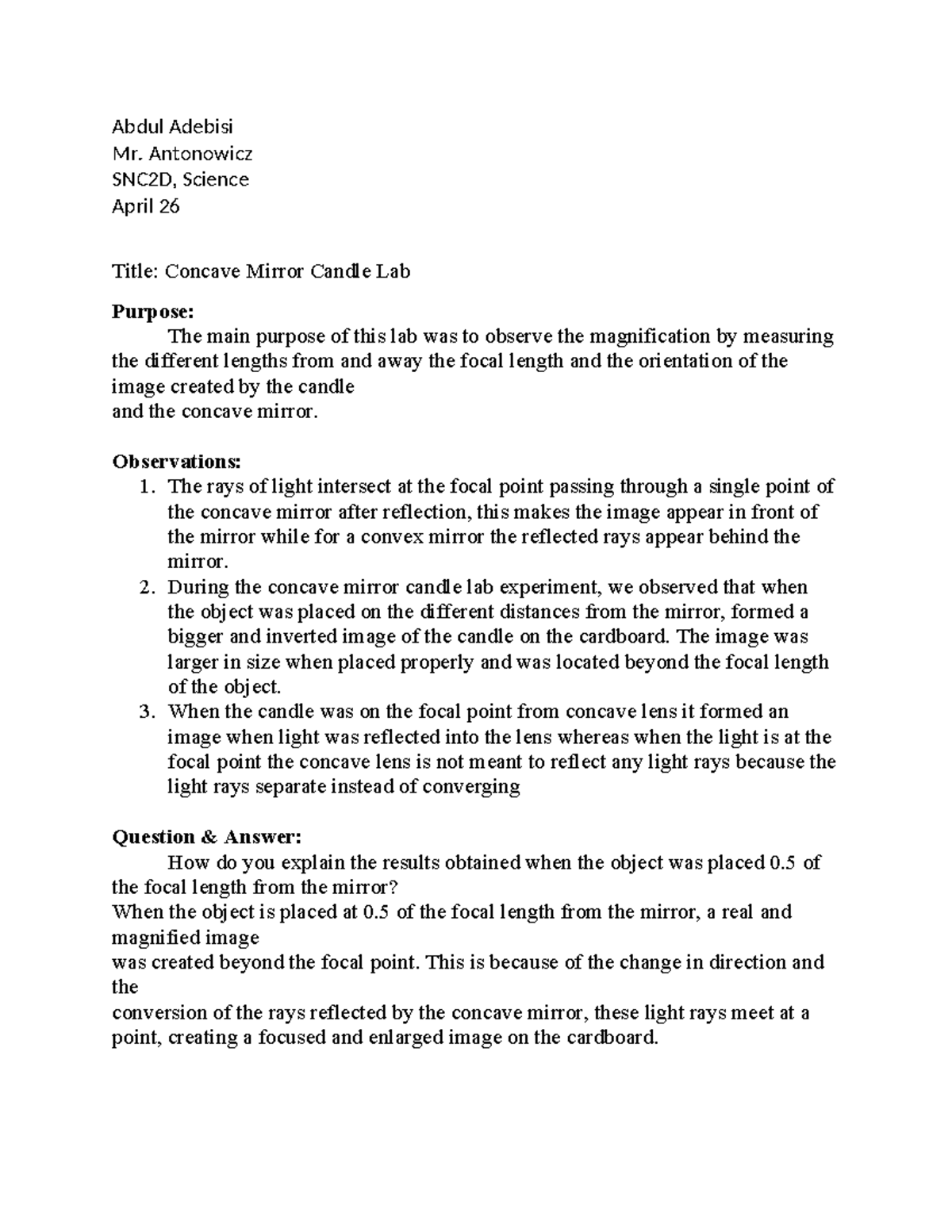 SNC2D Concave Mirror Candle Lab: Observations and Conclusions - Studocu