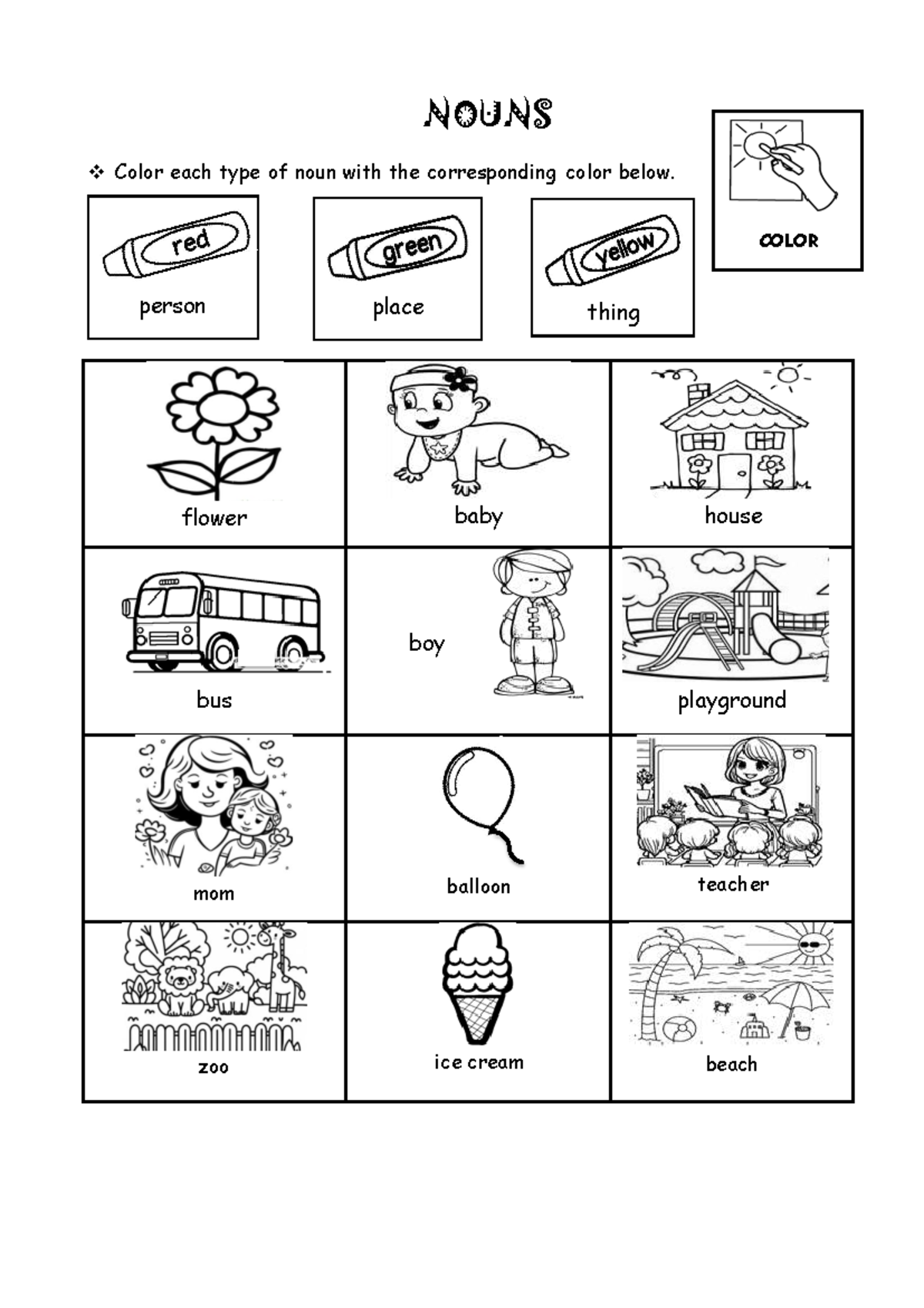 Nouns - English - COLOR Color each type of noun with the corresponding ...