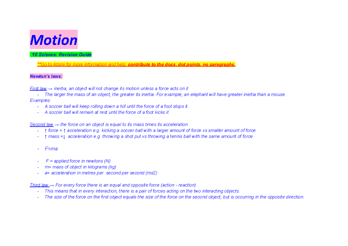 Year 10 Science Study Doc: Motion Revision Guide - Studocu