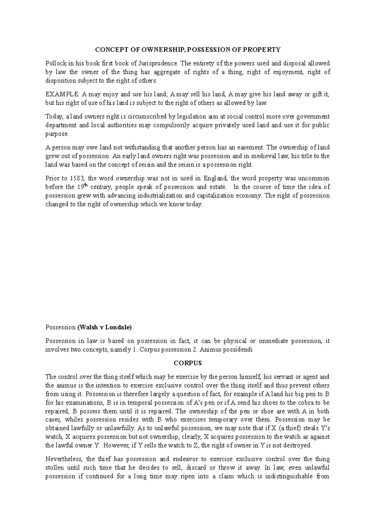 LAW OF Immovable Property 1 - CONCEPT OF OWNERSHIP, POSSESSION OF ...