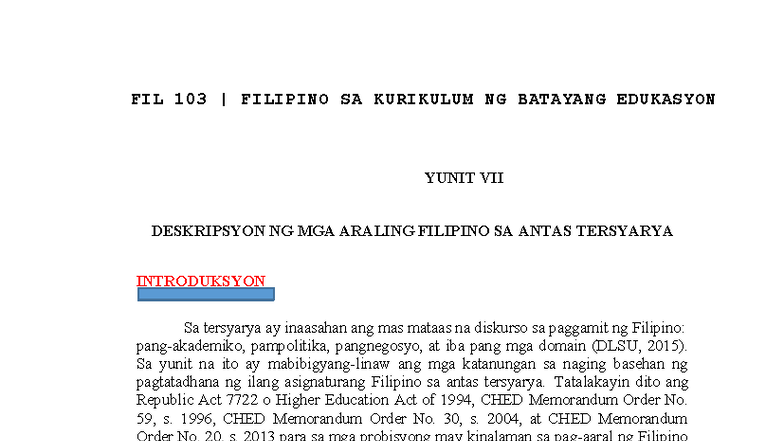 FIL-103- Yunit-VII - Lecture notes para sa Filipino 103 - FIL 103 ...