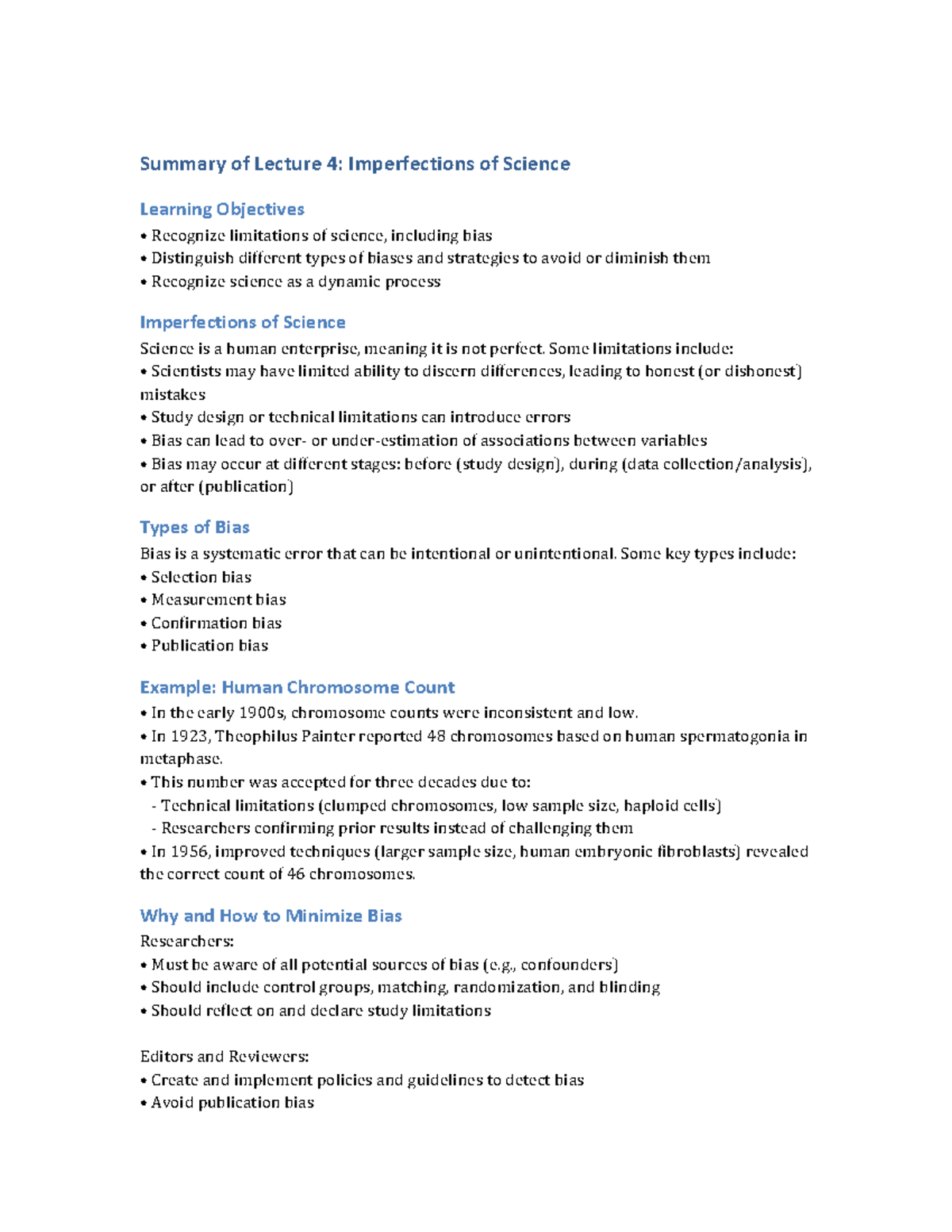 X Lecture 4 Summary - Summary of Lecture 4: Imperfections of Science ...