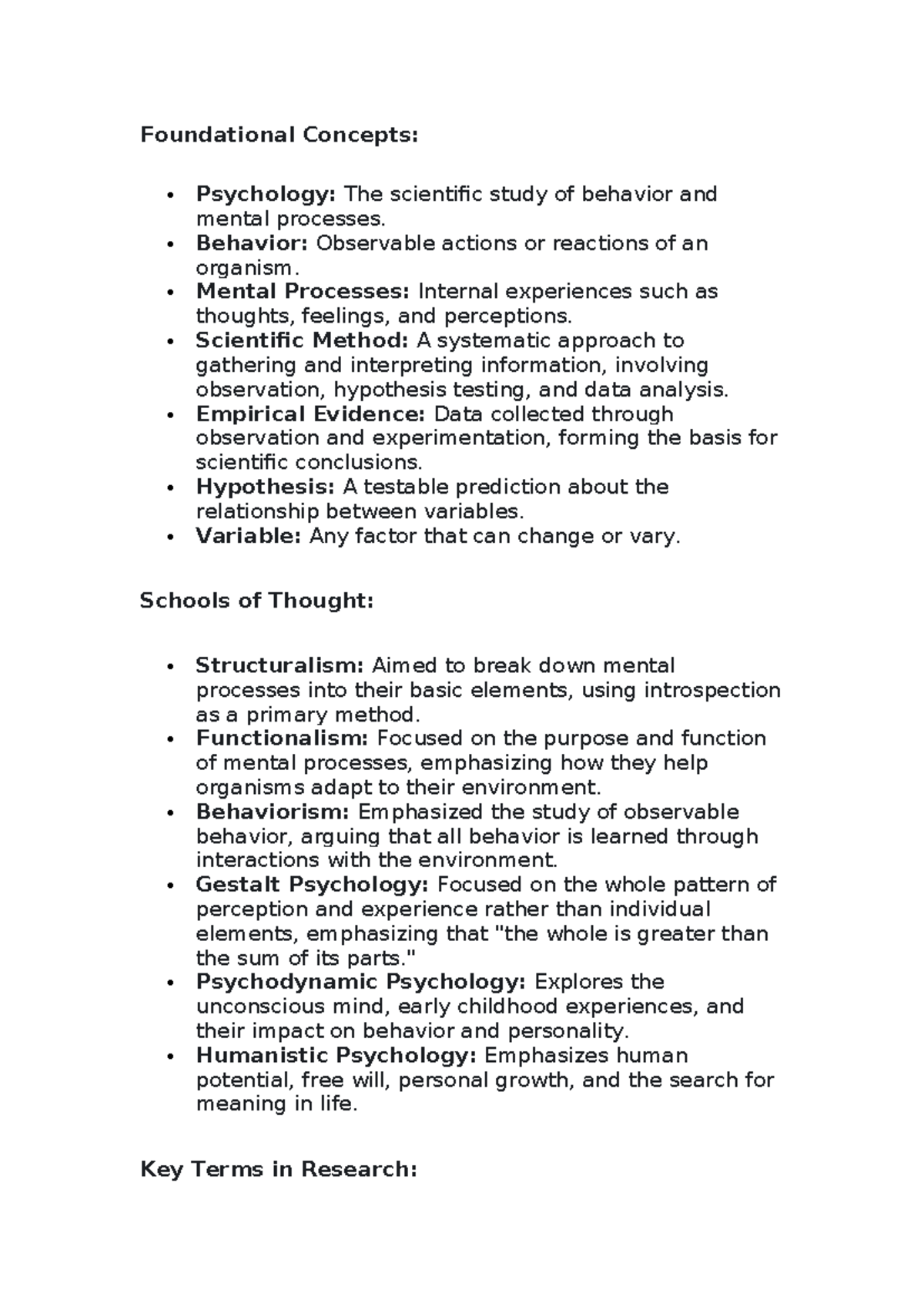 Foundational Concepts in Psychology: Key Terms and Theories - Studocu