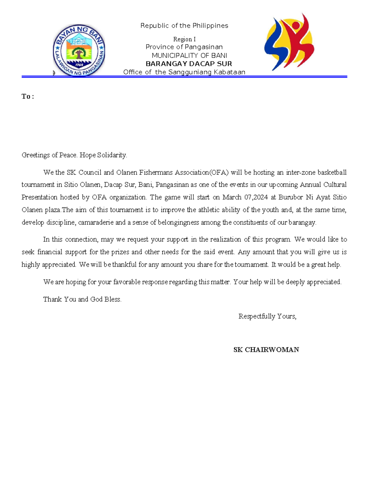 SK Council Solicitation Letter for Inter-Zone Basketball Tournament ...