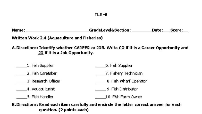 Grade 8 TLE Written Work 2.4: Aquaculture & Fisheries Answer Key - Studocu