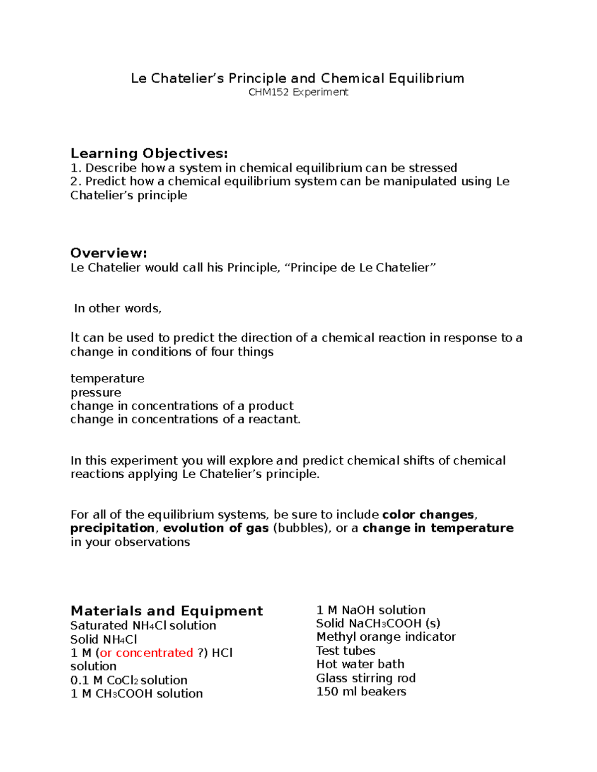CHM152 Lab Experiment 3: Le Chatelier's Principle in Equilibrium - Studocu