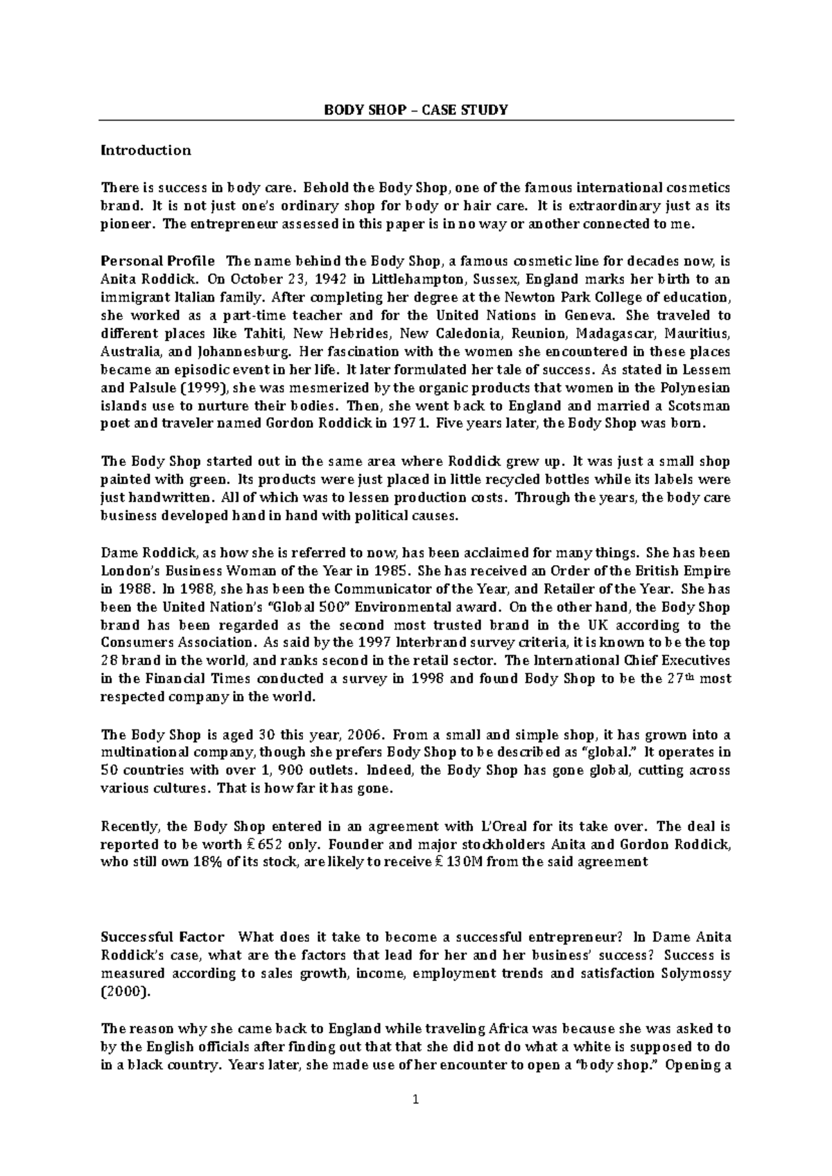 BODY SHOP CASE Study from Academica source - BODY SHOP – CASE STUDY ...