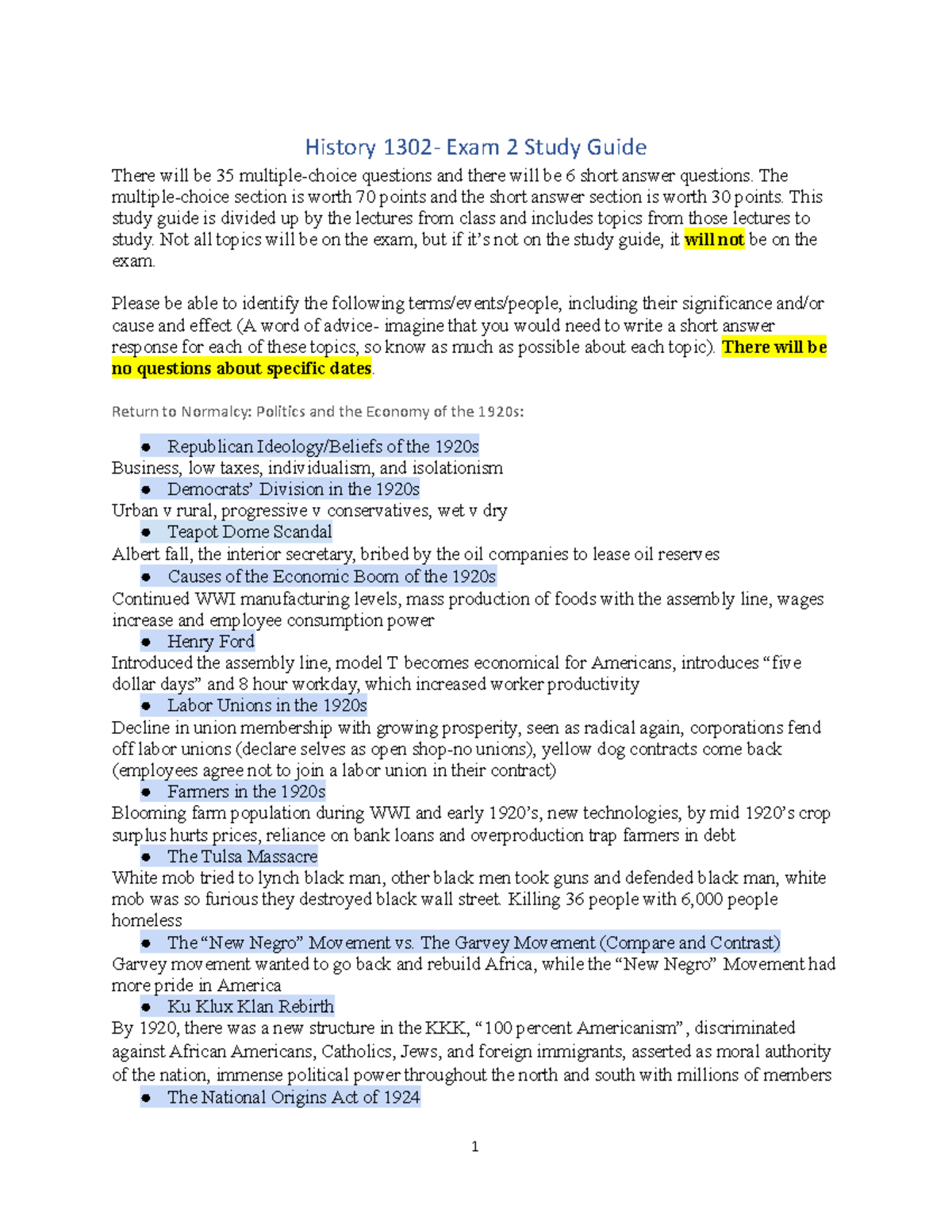 History 1302: Exam 2 Study Guide on 1920s & Great Depression - Studocu