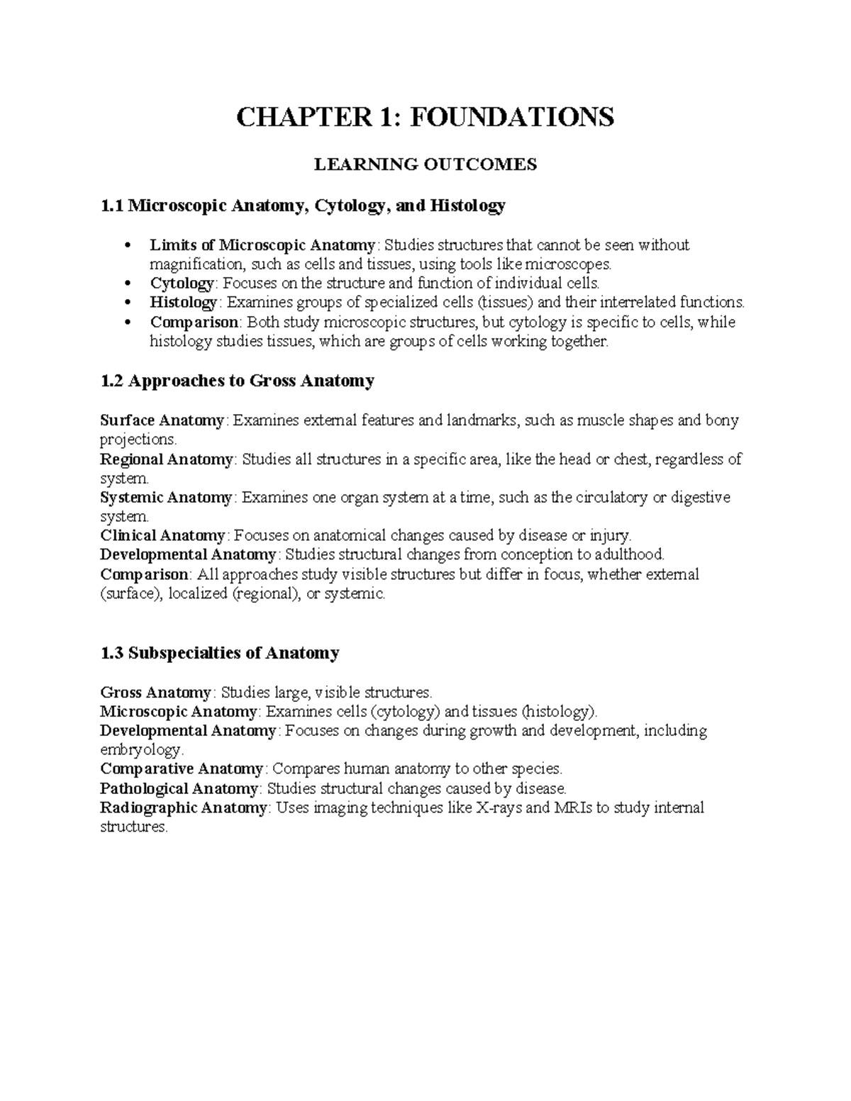 CH. 1 Learning Outcomes: Microscopic & Gross Anatomy Overview - Studocu