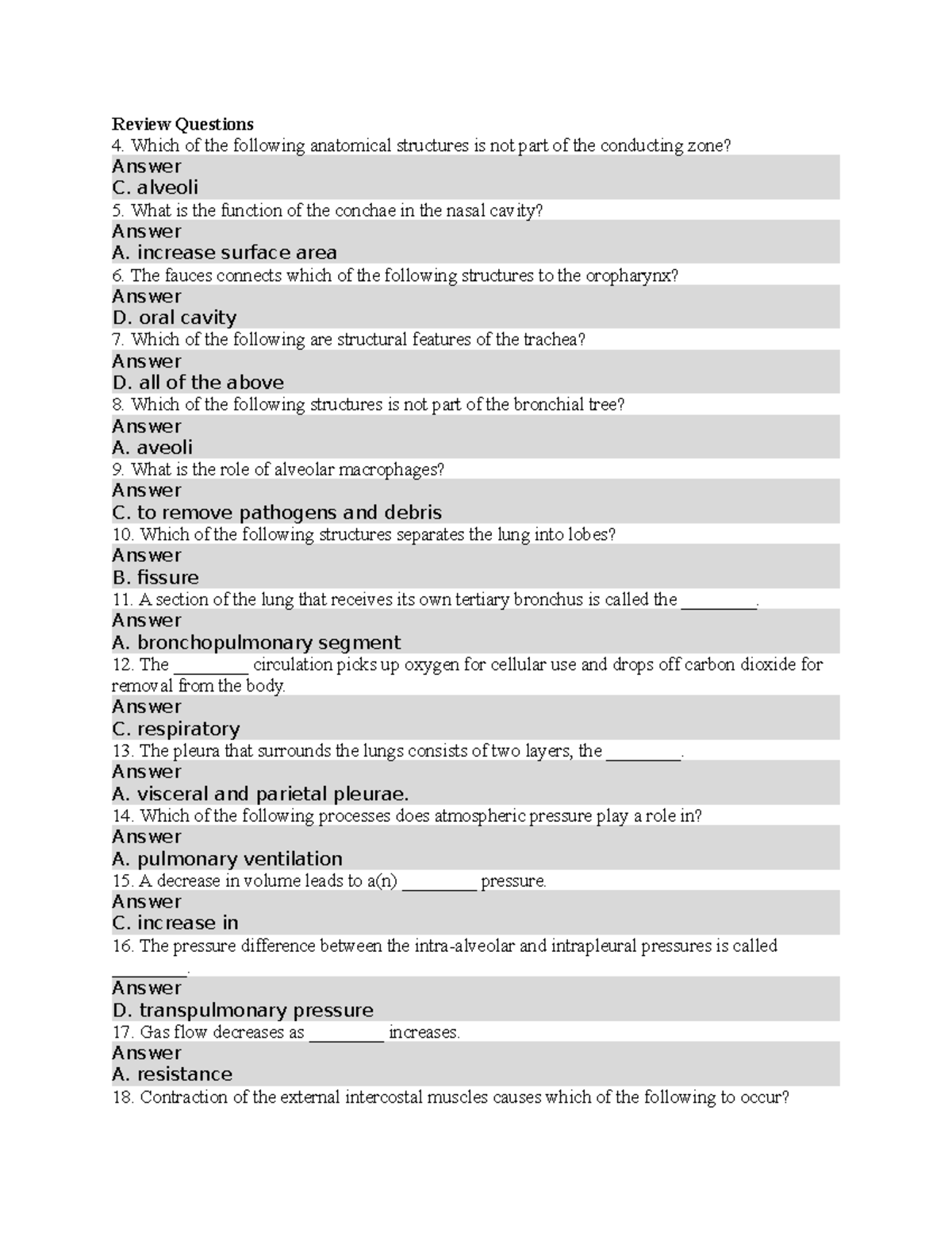 Respiratory System Questions & Key for Chapter 22 - BIO 101 - Studocu