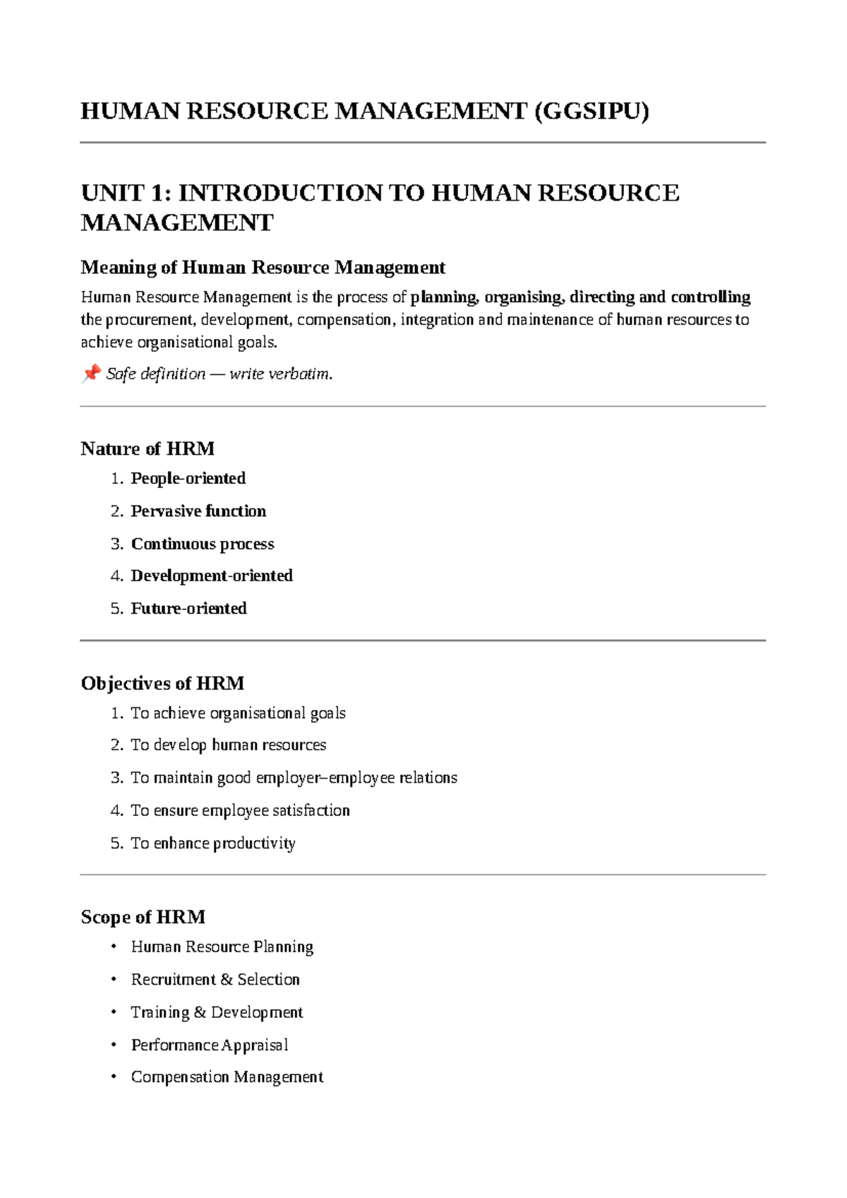 HUMAN RESOURCE MANAGEMENT (GGSIPU) UNIT 1-5: Comprehensive Notes - Studocu