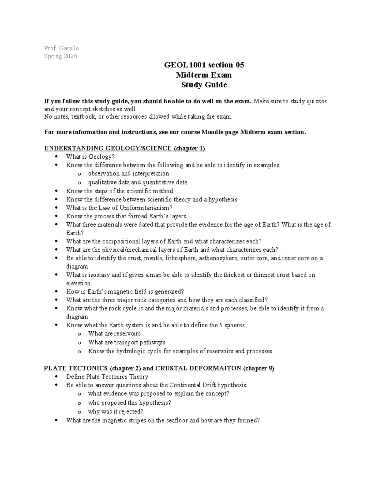 GEOL1001.5 Midterm Exam Study Guide - Prof. Garello Spring 2026 - Studocu