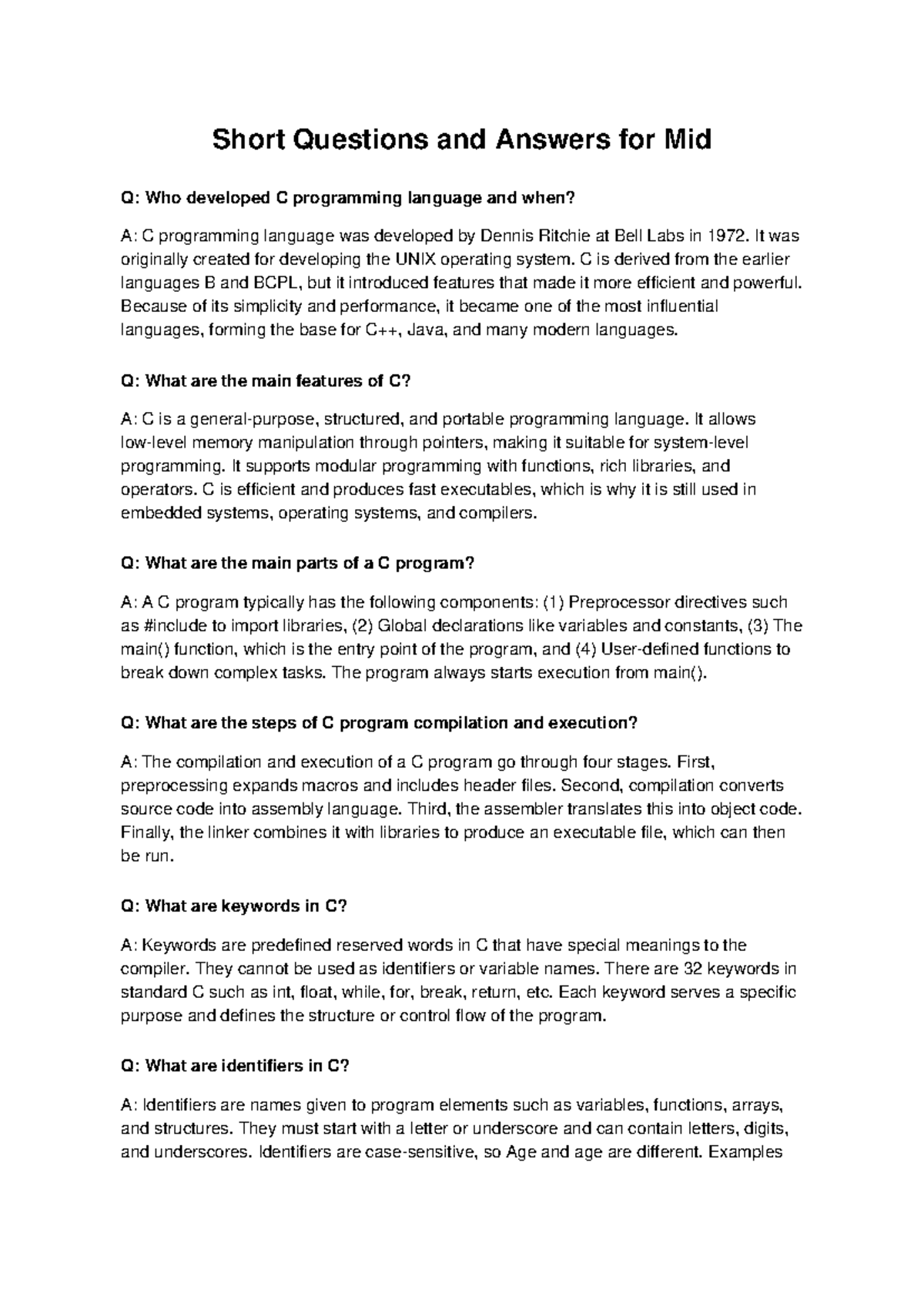 C Programming Language: Short Q&A for Midterm Exam - Studocu