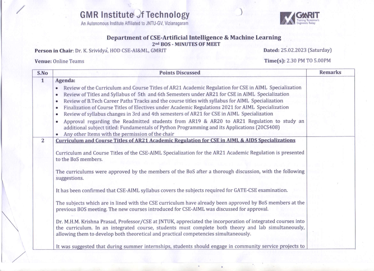 2nd BOS Meeting Minutes for CSE in AIML Specialization - AR21 - Studocu