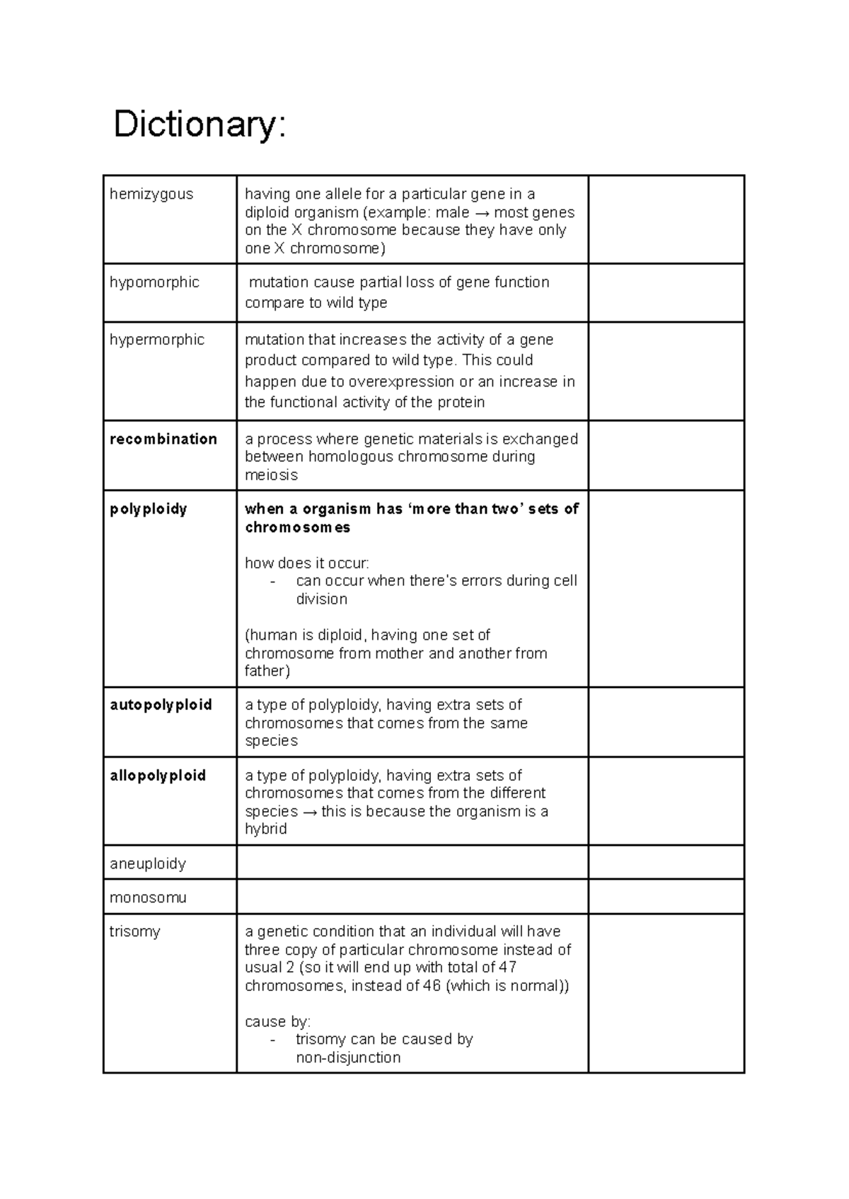 Gege2001 notes - Dictionary: hemizygous having one allele for a ...