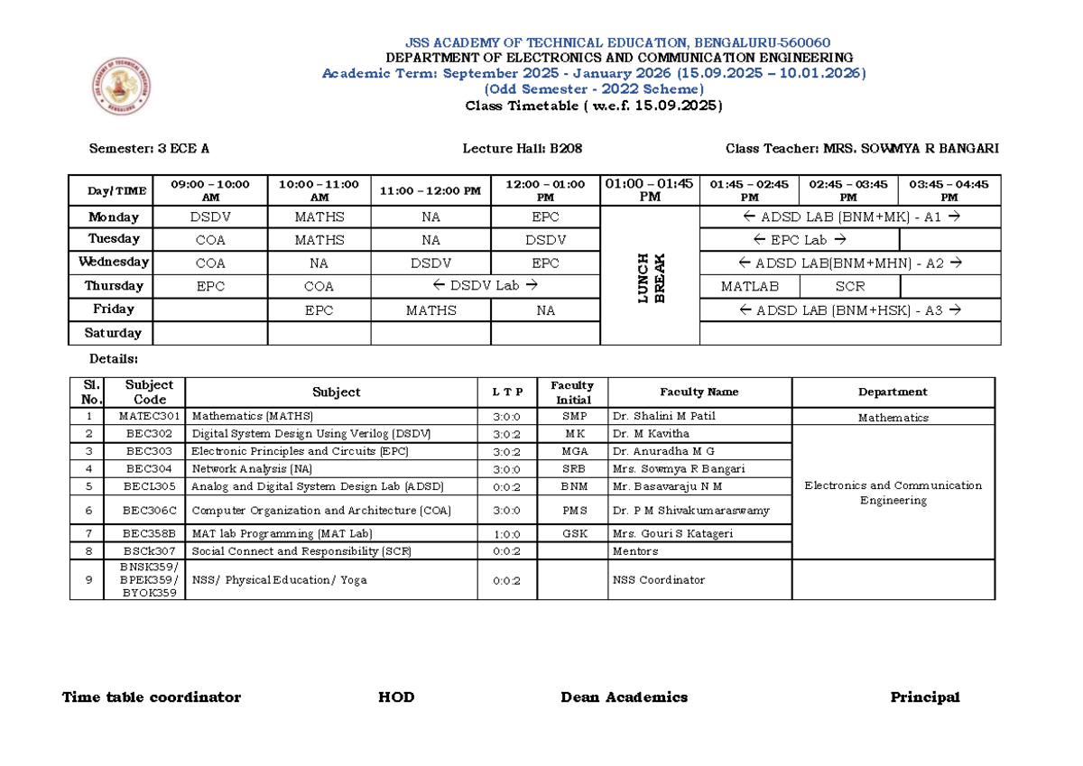 Final Class Timetable for III Sem ECE (2025-2026 Odd Sem) - Studocu