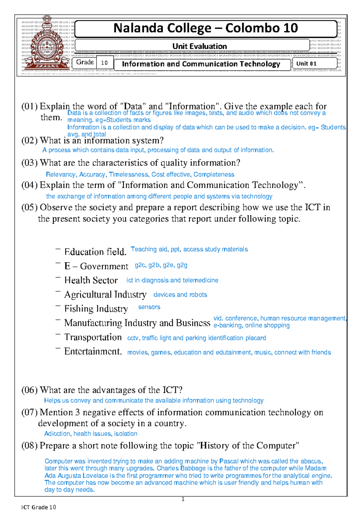 Grade 10 - ICT Unit 01 Test Paper on Data, Info & ICT Impact - Studocu