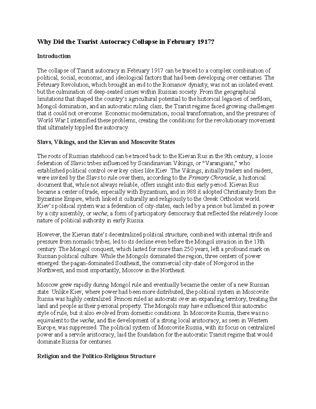 Analyzing the Collapse of Tsarist Autocracy: Factors Behind the 1917 ...