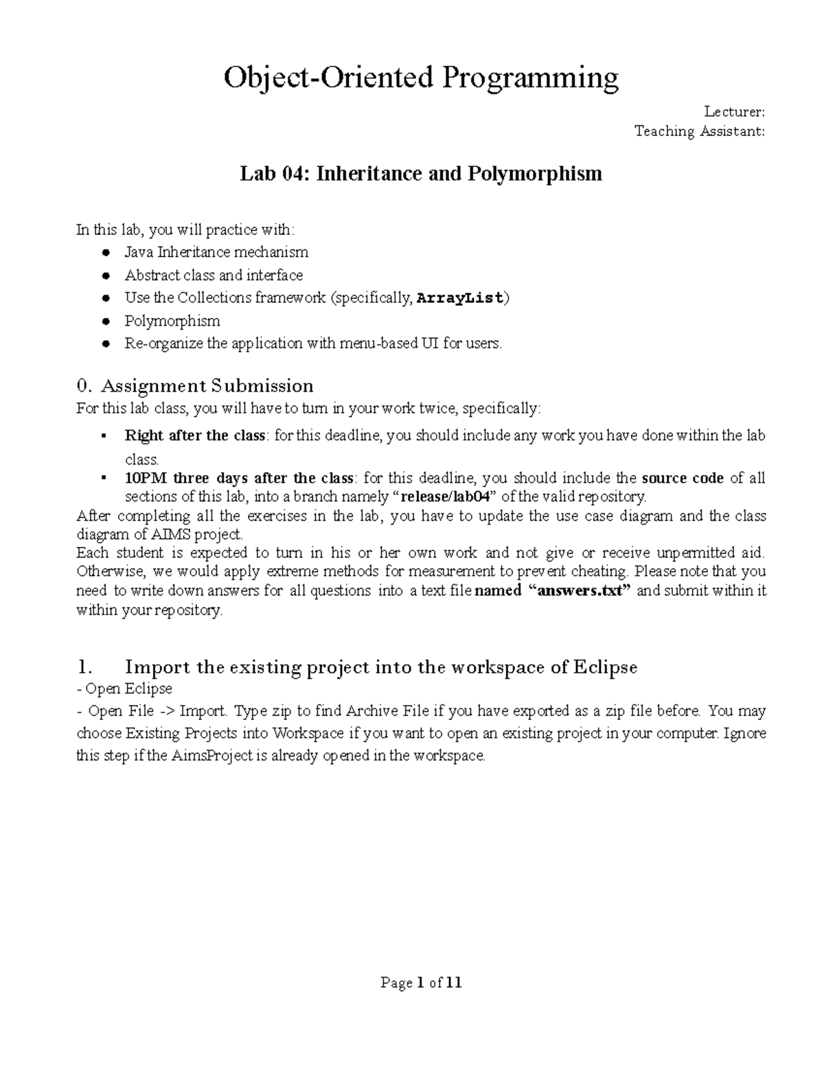 OOP-Lab04-Inheritance Polymorphism - Object-Oriented Programming Lecturer: Teaching Assistant ...