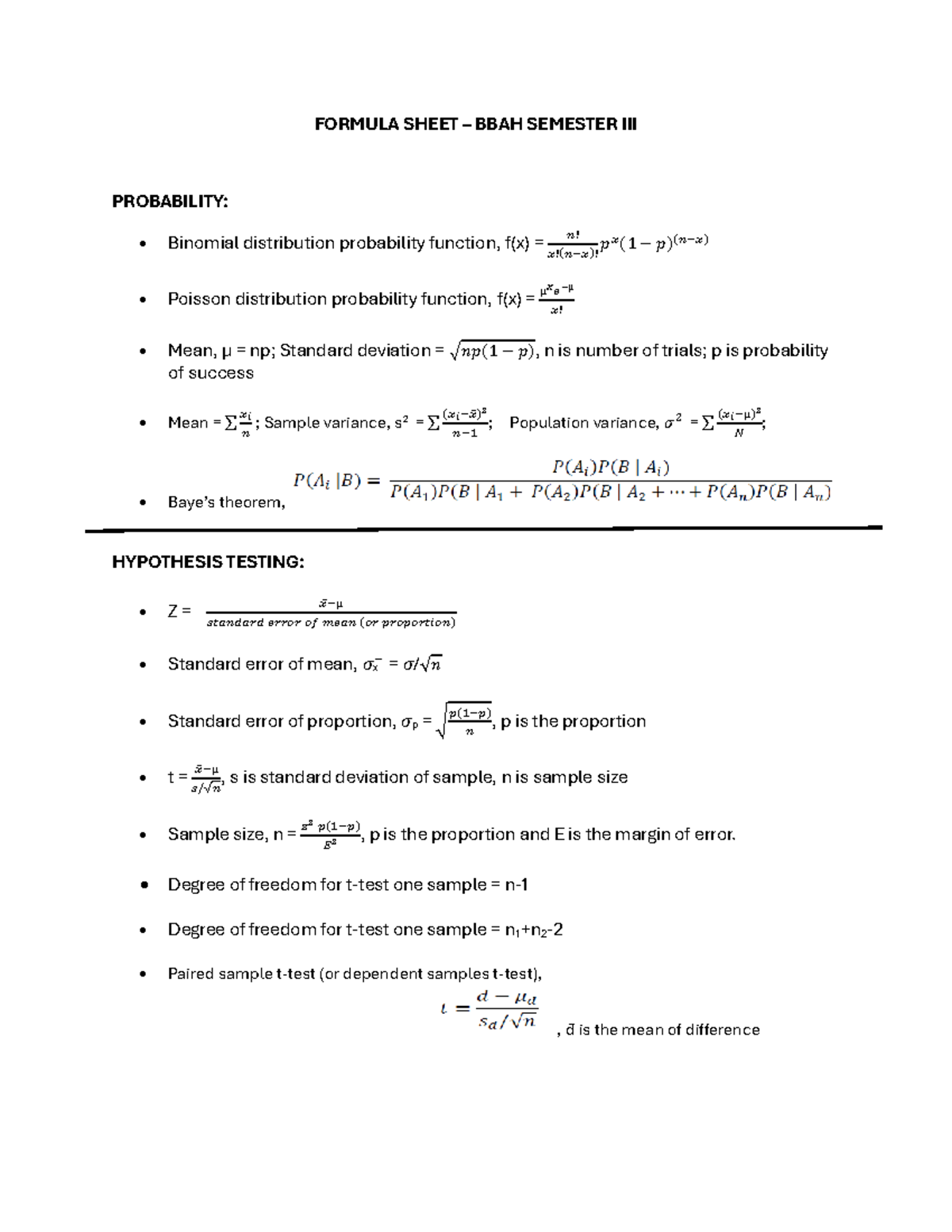 Formula Sheet PDF - FORMULA SHEET – BBAH SEMESTER III PROBABILITY ...
