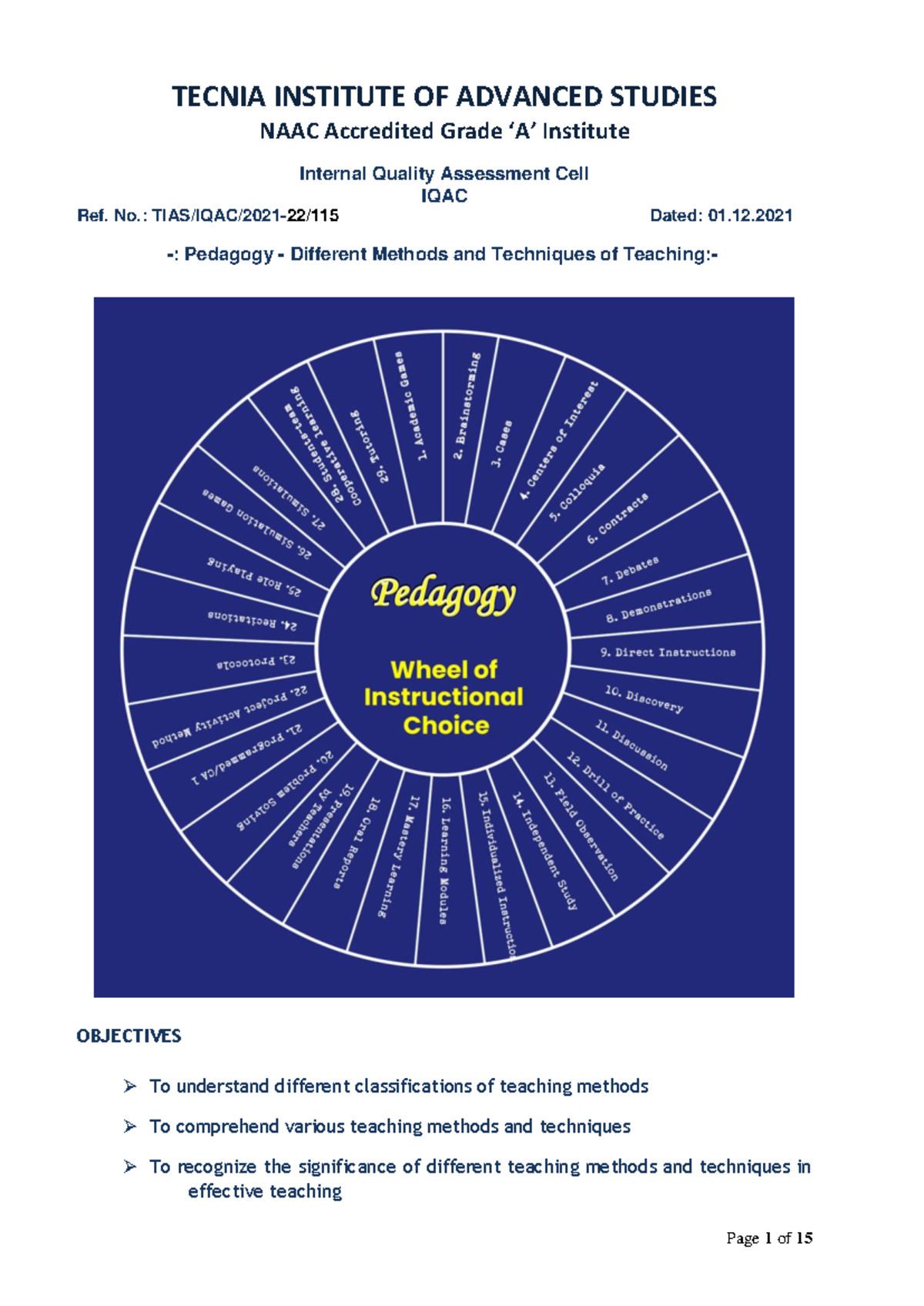 TECNIA INSTITUTE OF ADVANCED STUDIES: Pedagogy Methods & Techniques - Studocu