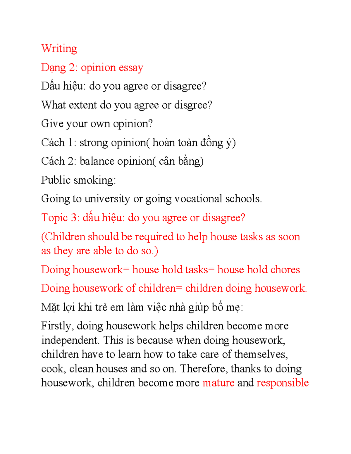 Writing Dạng 2: Opinion Essay on Household Chores - Studocu