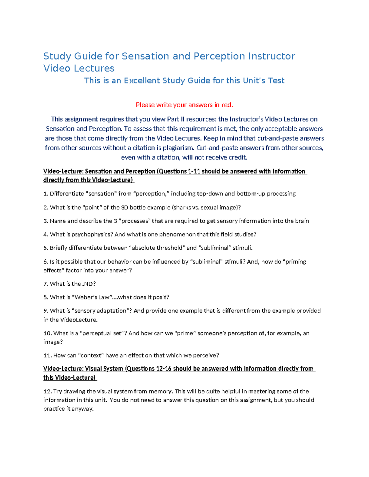 General Psych Study Guide for Sensation and Perception - Study Guide ...