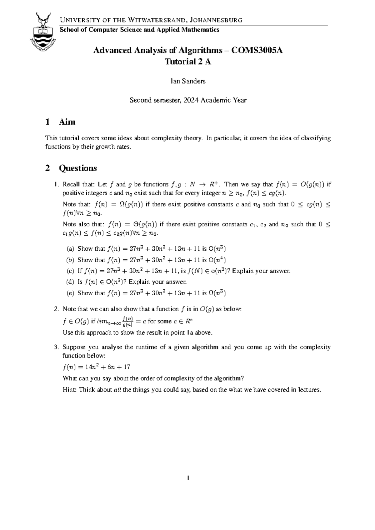 COMS3005A - Tutorial 2A: Complexity Theory Questions and Concepts - Studocu