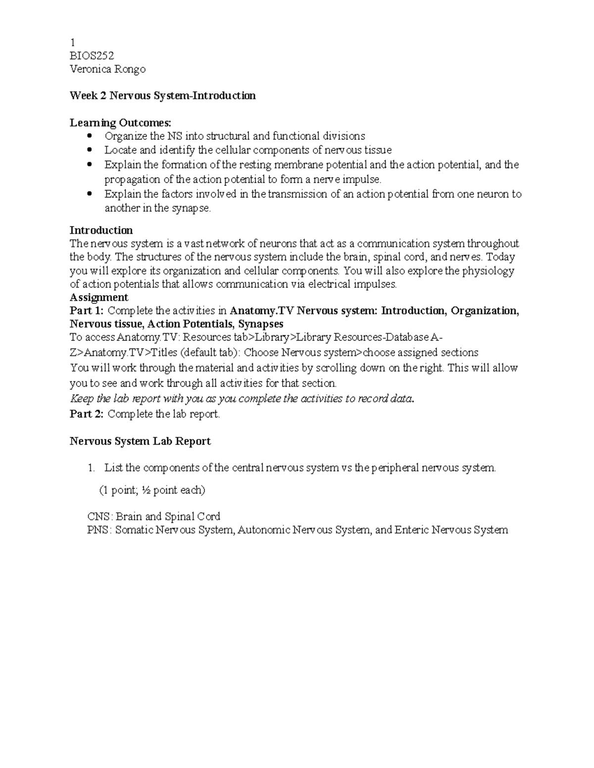 BIO252 Wk 2 Nervous System lab - BIOS Veronica Rongo Week 2 Nervous ...